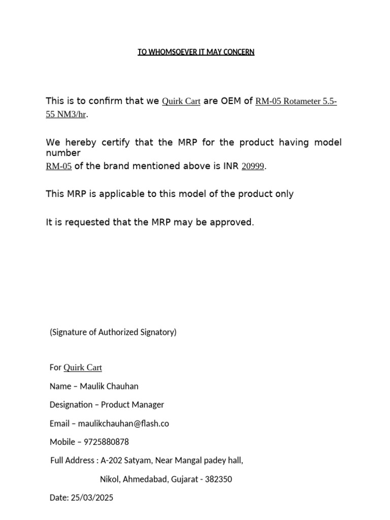 MRP Declaration Oem Letter Head | PDF