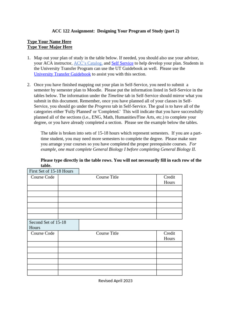 ACC 122 Assignment Designing Your Program of Study (Part 2) | PDF