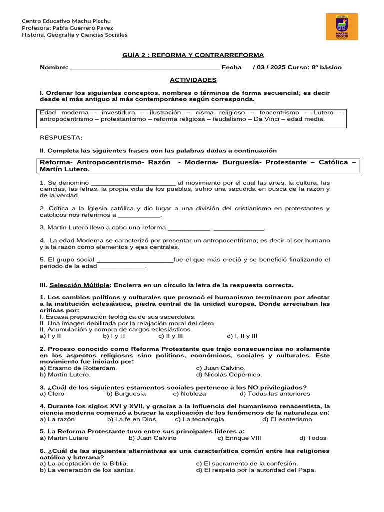 8º Básico - Guía 2 Reforma y Contrareforma | PDF | protestantismo ...
