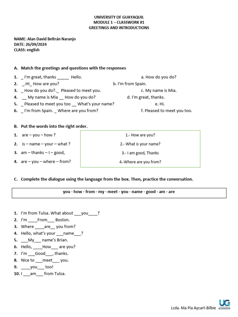 CLASSWORK #1 GREETINGS Actividad 1 | PDF