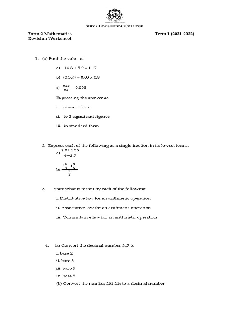 SBHC 2021 Term 1 Form 2 Mathematics Revision Worksheet | PDF