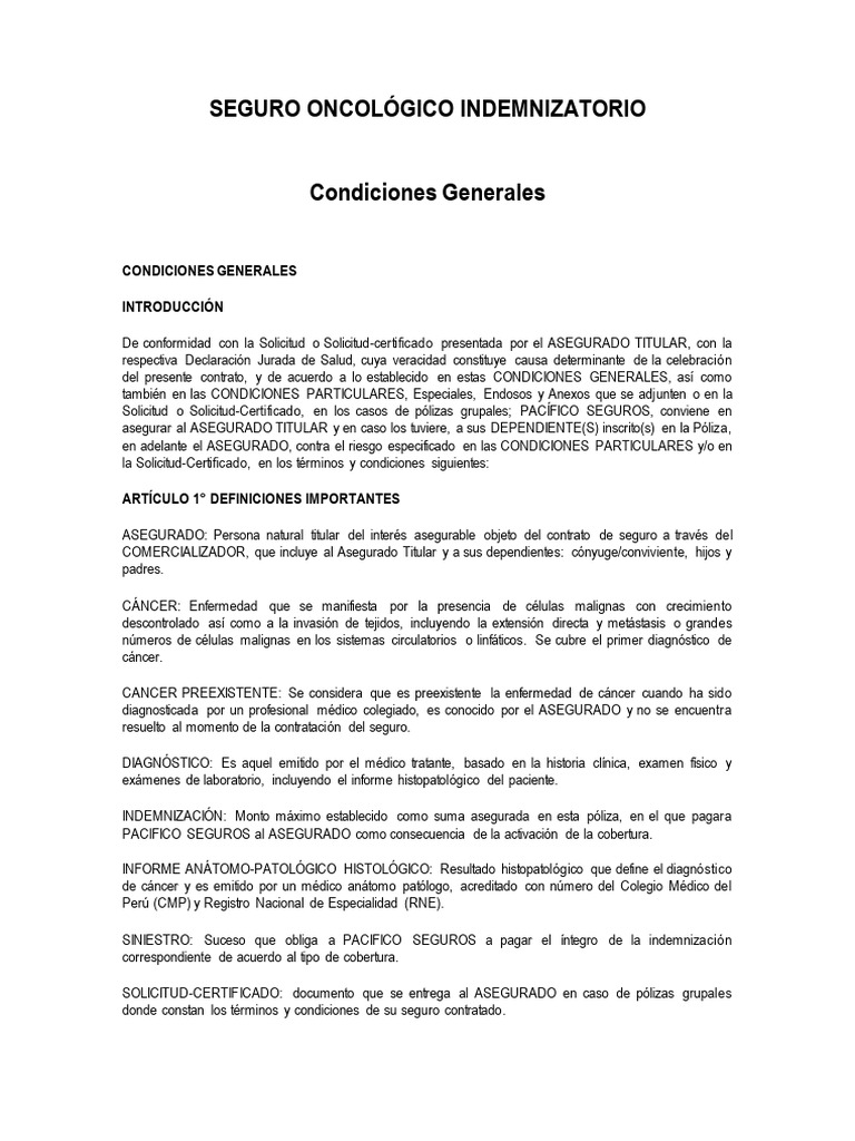 Condicionado General - Onco Respaldo - Código SBS AE2006410222 | PDF | Póliza de seguros | Seguro