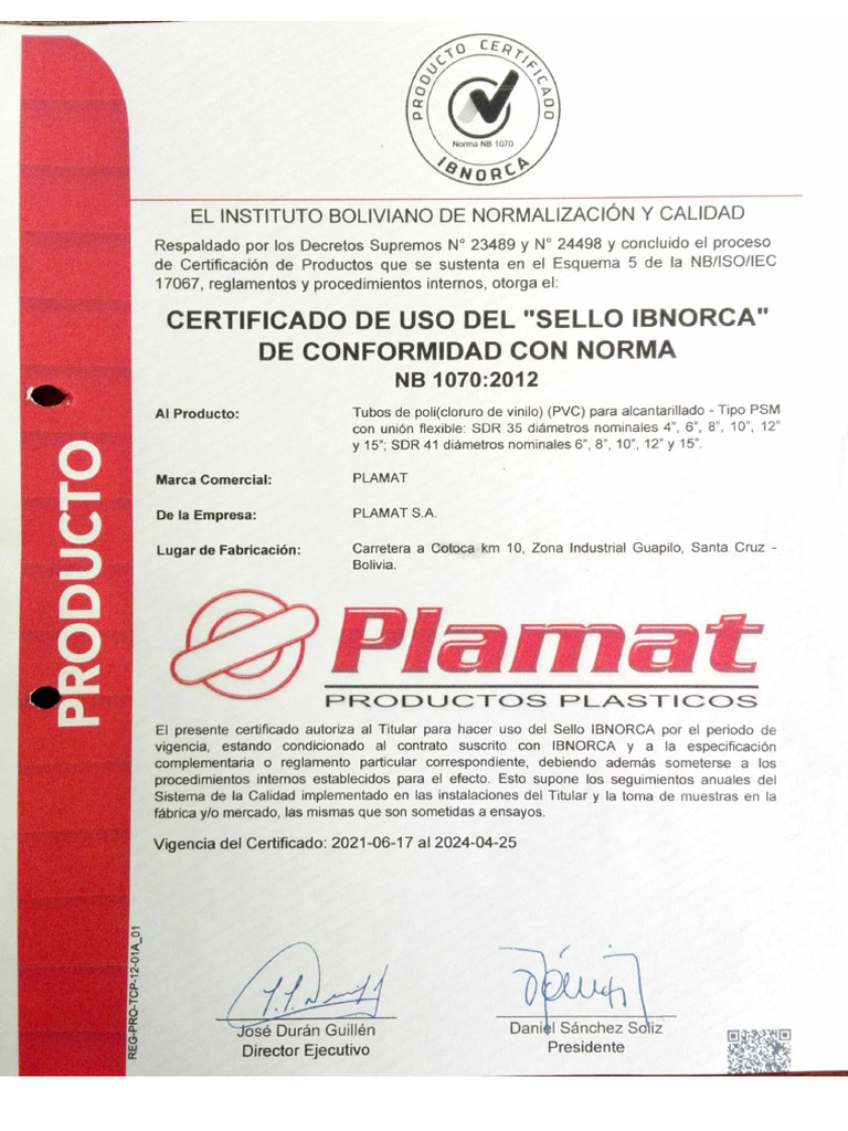 IVT CAO 03 - Certificado Ibnorca PLAMAT Sello NB 1070 | PDF