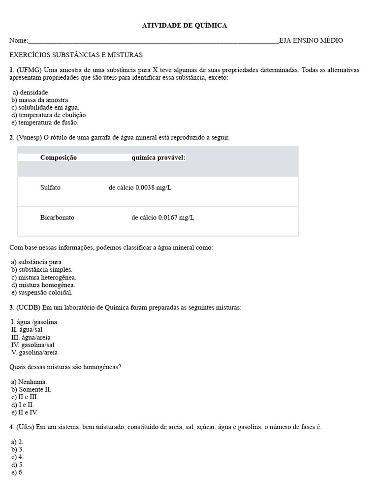Exercicios Substâncias e Misturas | PDF