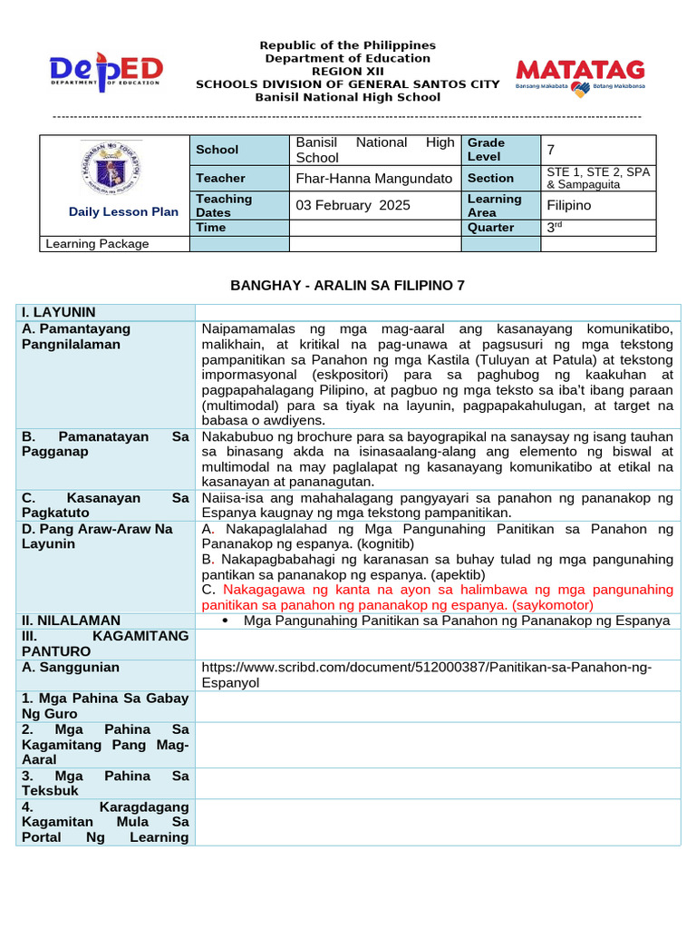 DLP For Filipino 7 Q3-W3 | PDF
