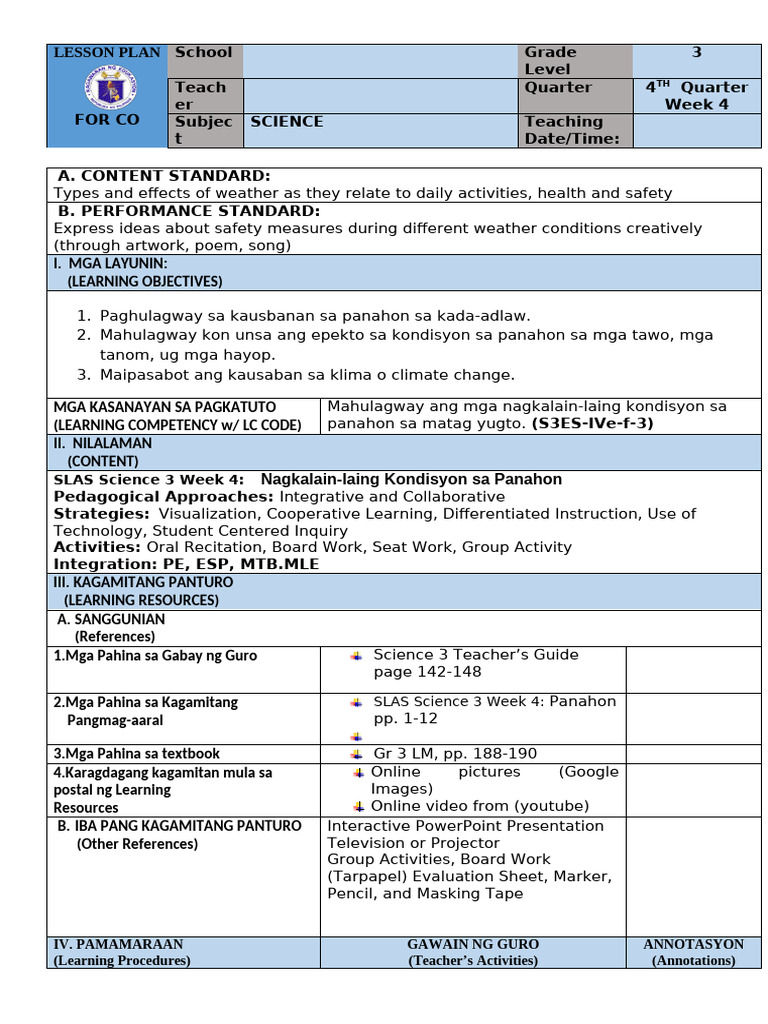 COT_Q4_SCIENCE 3_W4_DLP | PDF | Learning | Pedagogy