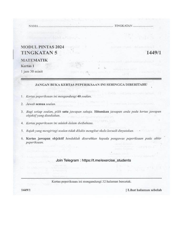 KERTAS-TRIAL-MATHS-K1-2024-SPM-SLGR-SET1 | PDF