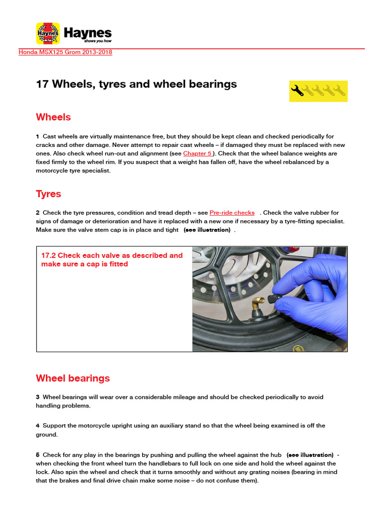 1 Routine Maintenance and Servicing 17 Wheels, Tyres and Wheel Bearings ...