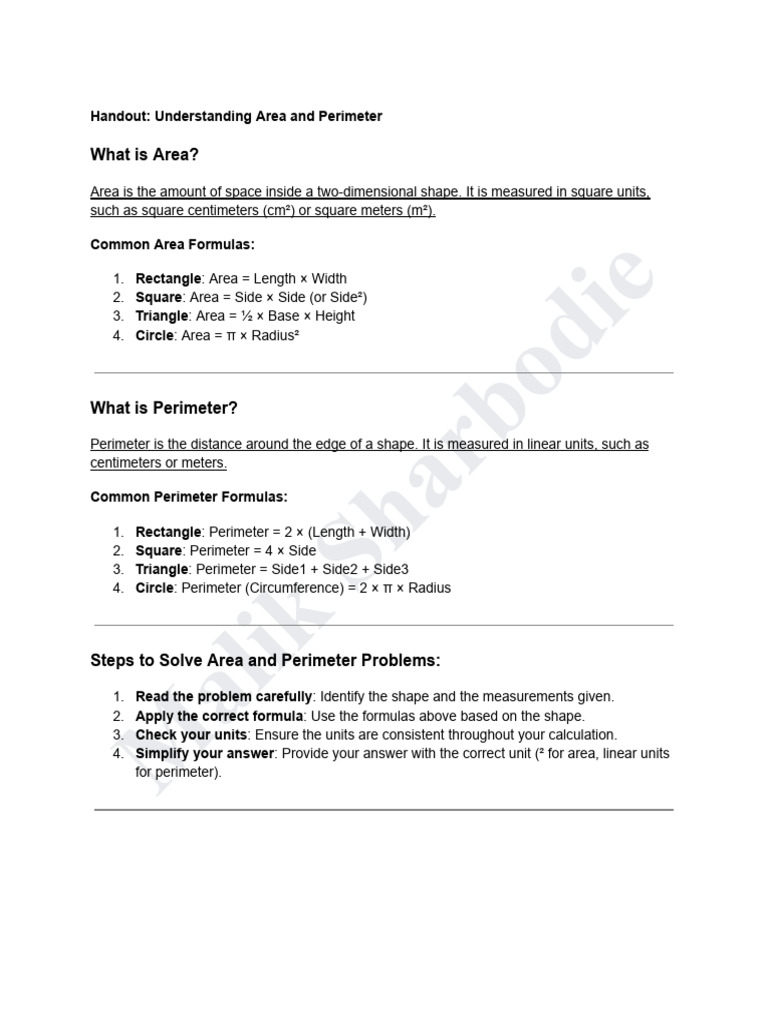 Area and Perimeter Formulas Guide | PDF | Area | Length