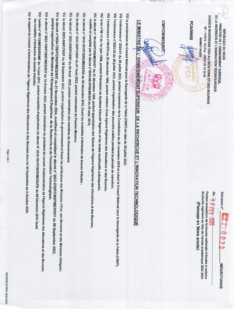 Décision N°0022-MES-RIT-ANAB Du 12 Fév. 2025 (Annulation BN À Certains Étudiants 2023-2024 ...