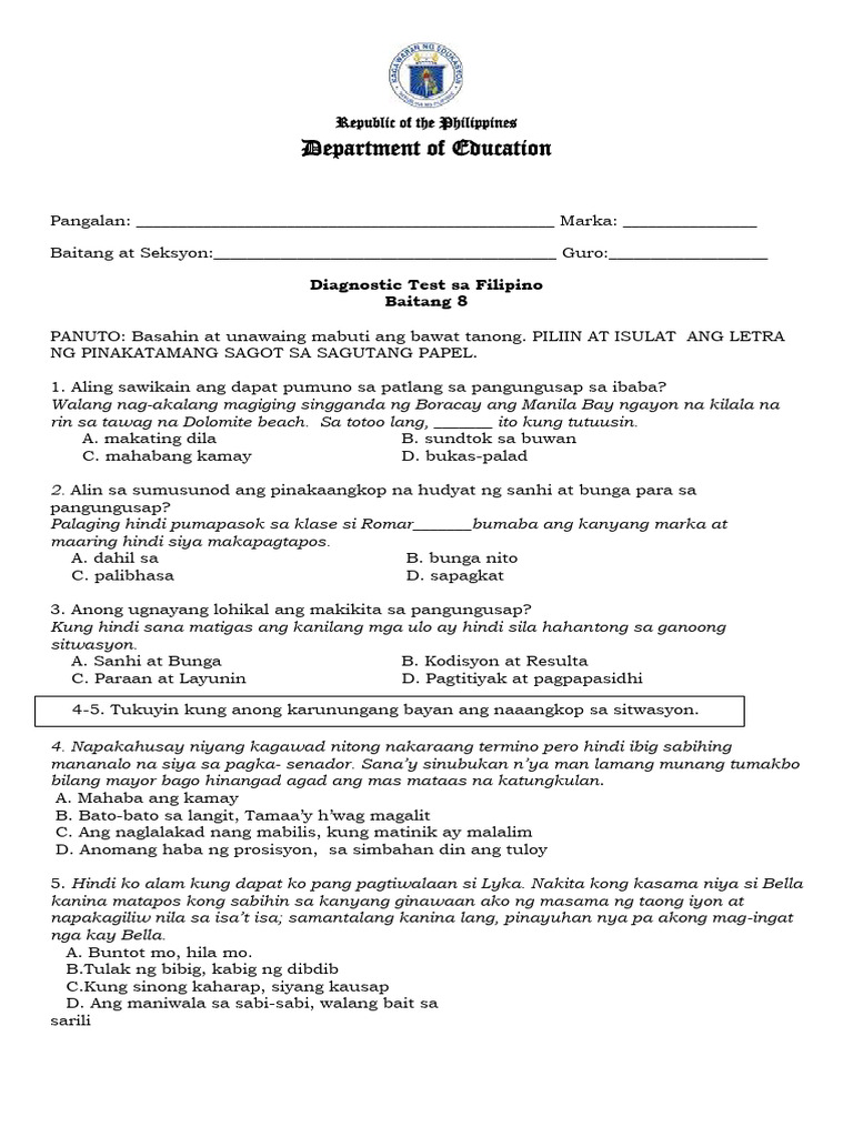 Filipino 8 Diagnostic Test 1 | PDF