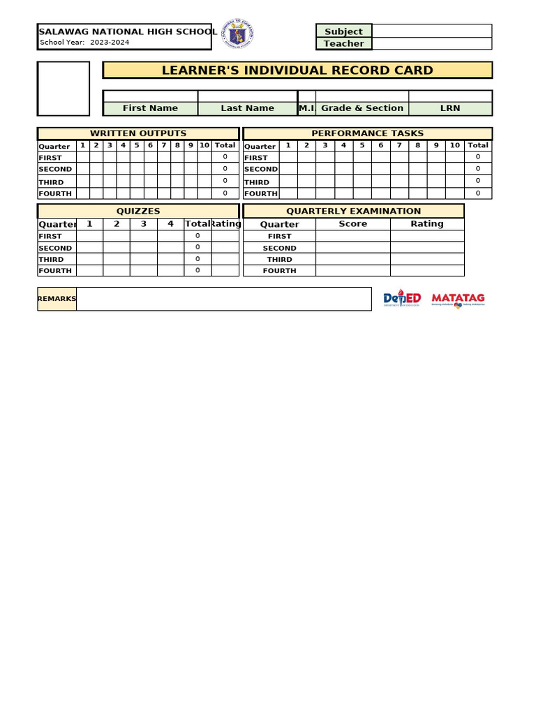 Learners Individual Record Card Excel 2 | PDF