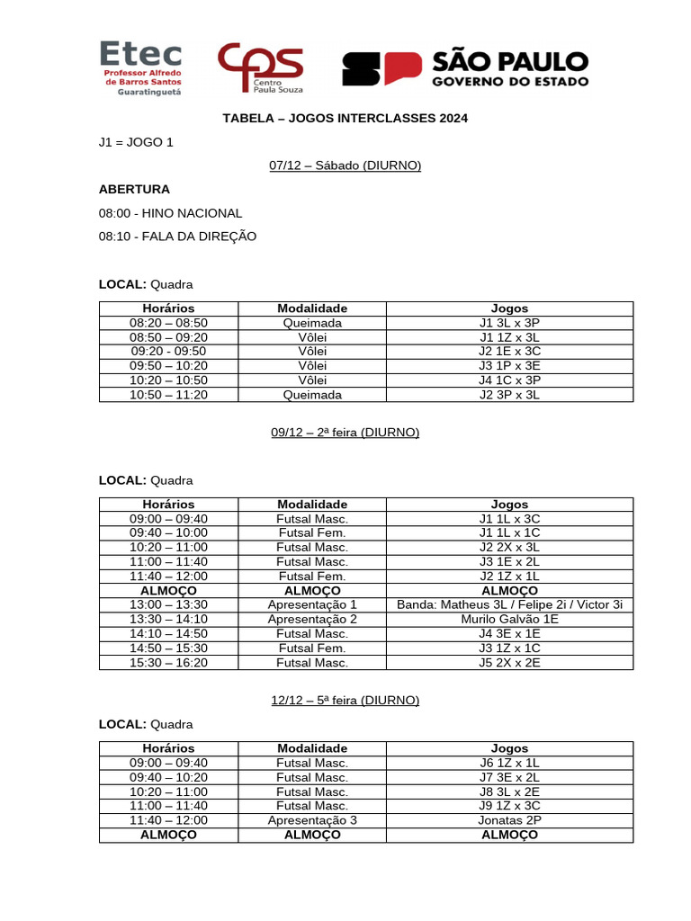 Tabela Jogos Interclasses 2024 - Mtec Pi - Mtec - Ams-1 | PDF