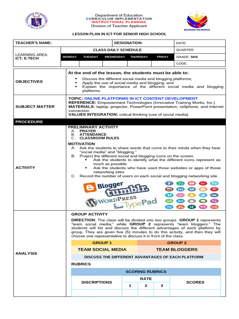 Grade 11 Tle Ict Online Platforms in Ict Content Devt | PDF | Facebook | Popular Culture & Media ...