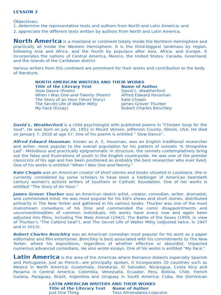 North and Latin American Writers Overview | PDF