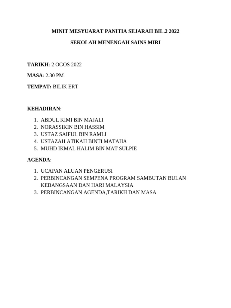 Minit Mesyuarat Panitia Sejarah Bil.2 2022 | PDF