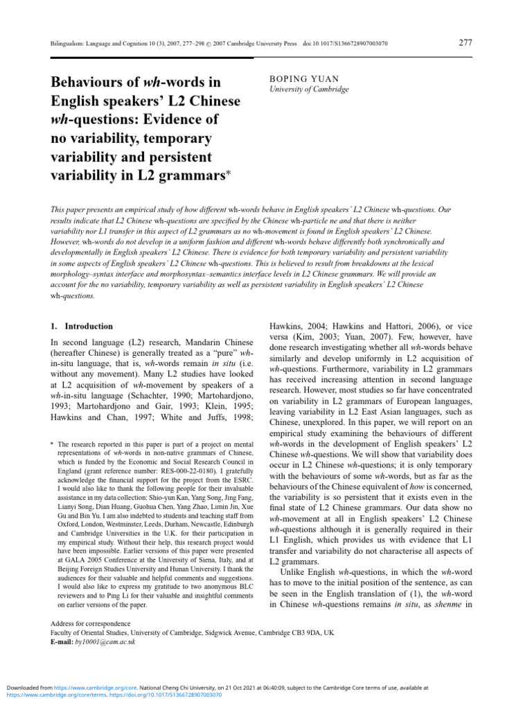 Behaviours of Wh-Words in English Speakers L2 Chinese Wh-Questions Evidence of No Variability ...