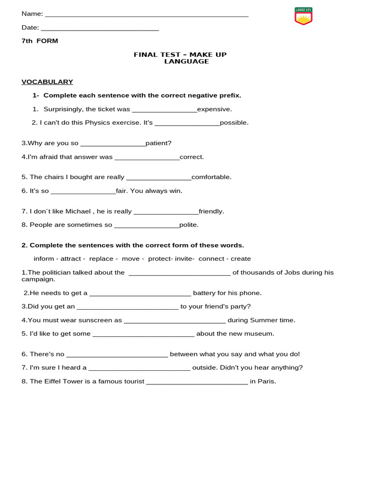 Make Up Test - Dec 2021 7th Form | PDF | Linguistics | Linguistic Typology