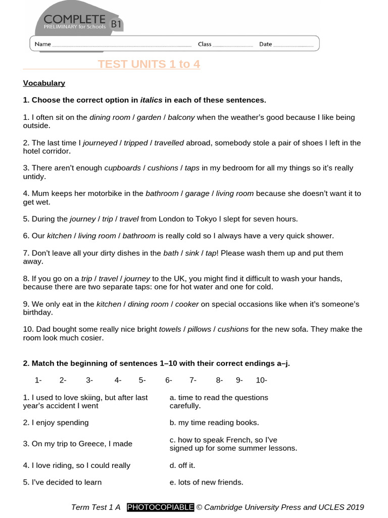 Vocabulary and Grammar Test Units 1-4 | PDF