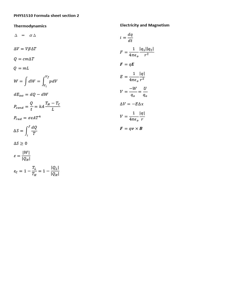 PHYS1510-Part 2 Formula Sheet | PDF