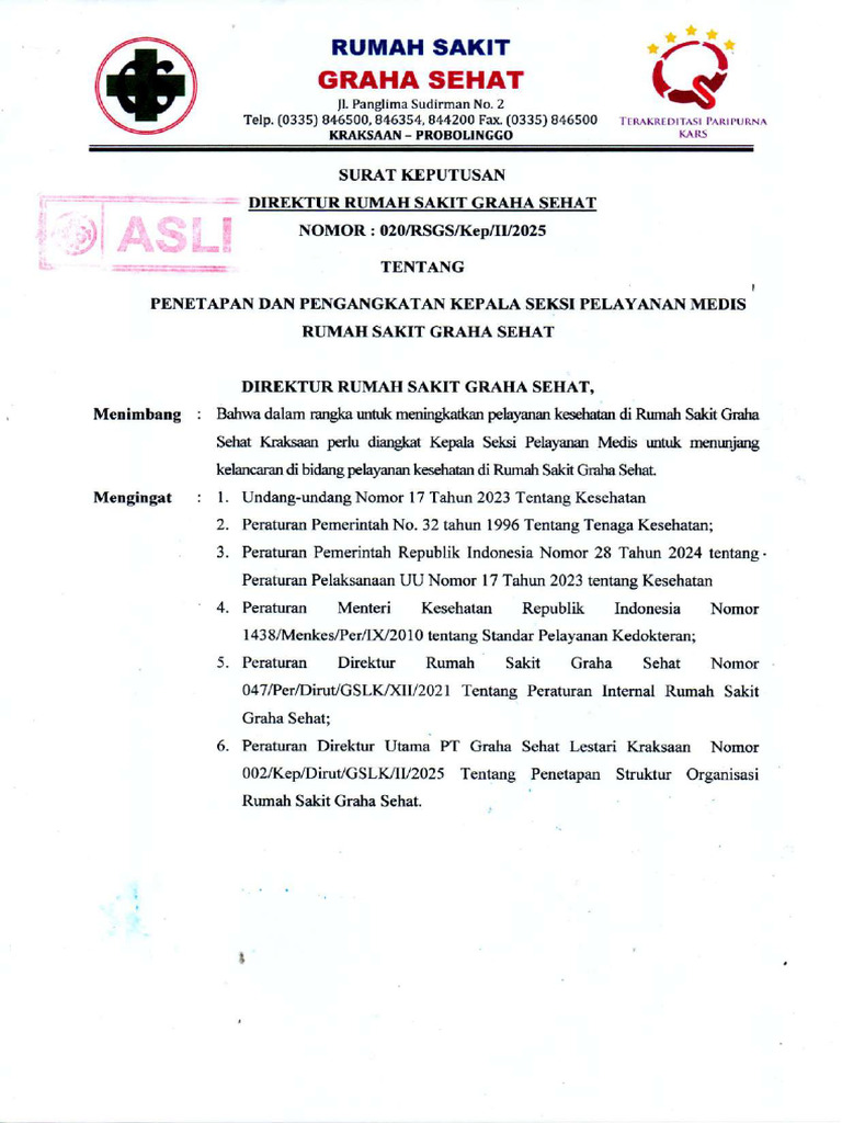 SK PENETAPAN KEPALA SEKSI PELAYANAN MEDIS DR RIZKY PRAMUDYA AKBAR | PDF