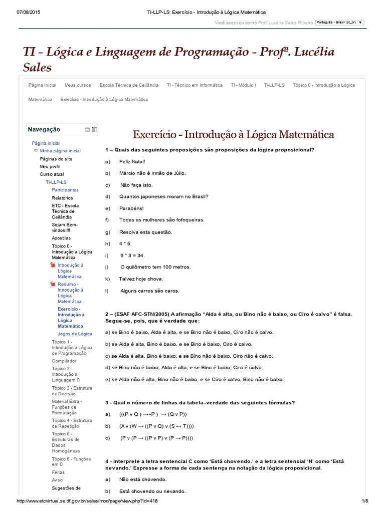 Exercícios de Lógica Matemática | PDF | Lógica matemática | Verdade