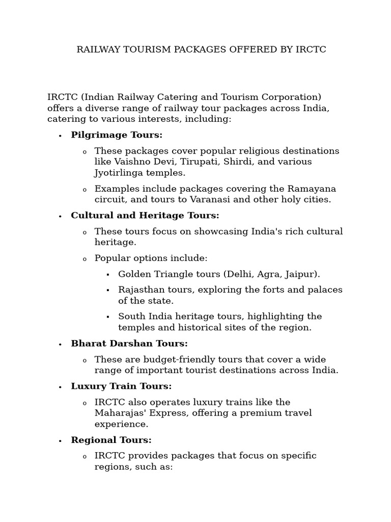 Railway Toursim Packages Offered by Irctc | PDF