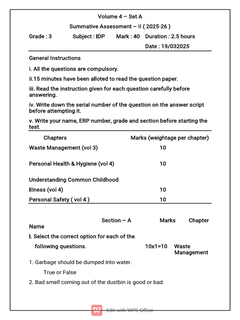 Grade 3 IDP Exam Guide 2025-26 | PDF | Foods | Hygiene
