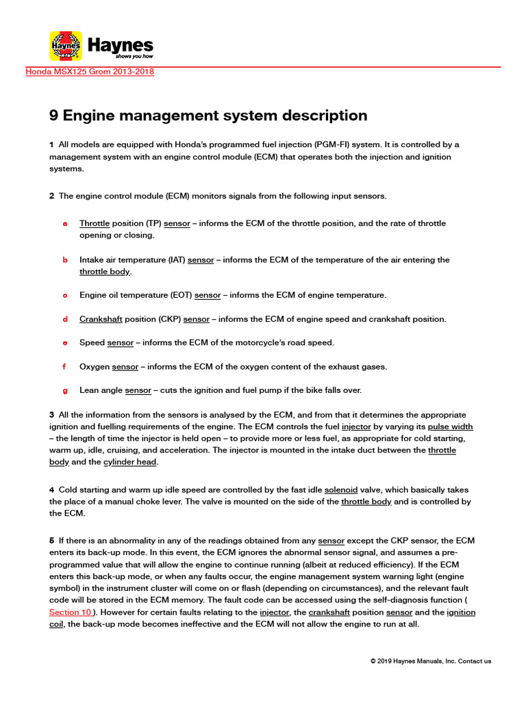 Honda MSX125 Engine Management Overview | PDF | Throttle | Fuel Injection