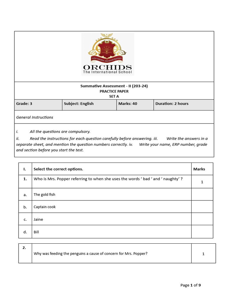 SA2 - V4 - Grade 3 - English SET A | PDF | Verb | Language Mechanics