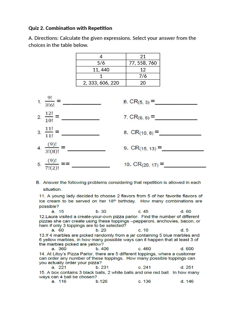 Combination with Repetition Quiz | PDF