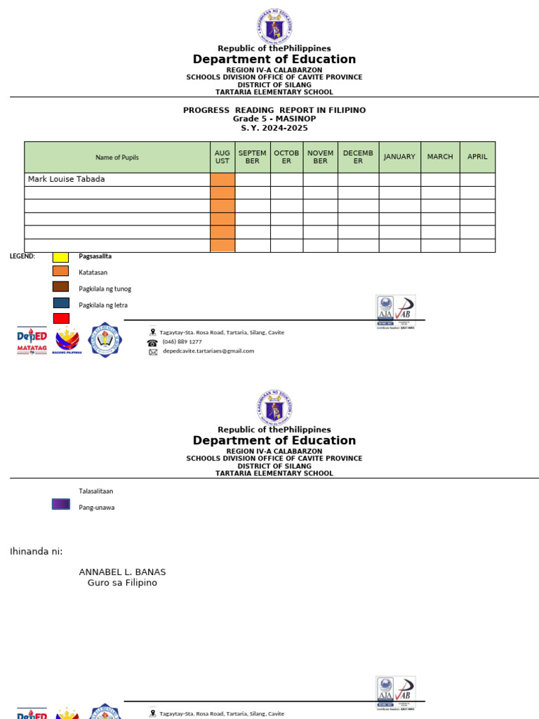Grade 5 Filipino Reading Progress Report | PDF