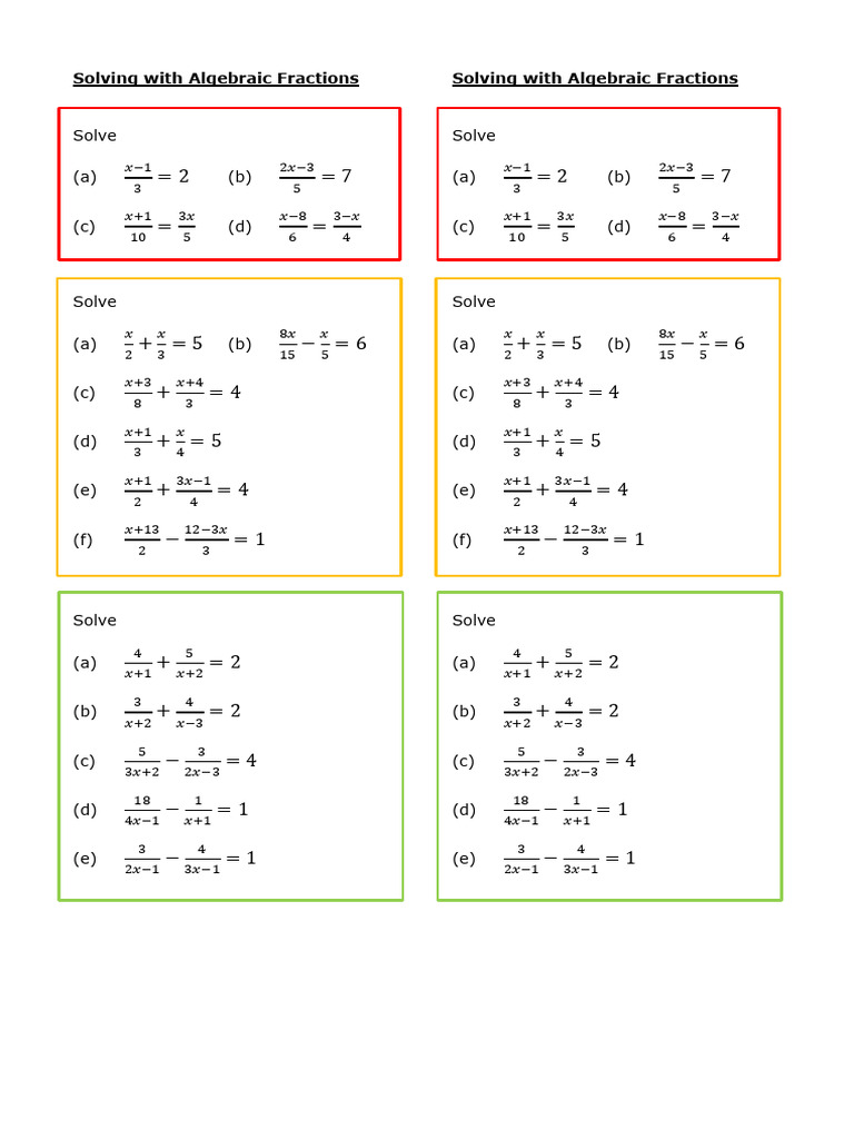 Solving Equations with Algebraic Fractions Practice Strips | PDF ...