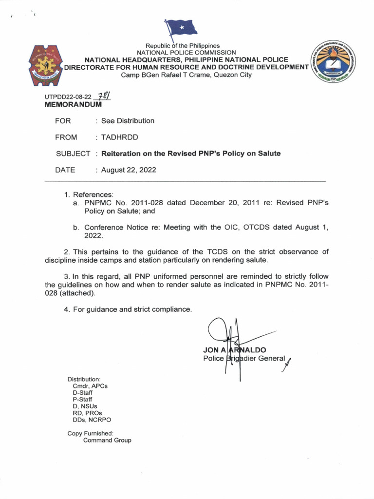 Revised PNP Salute Policy Guidelines | PDF