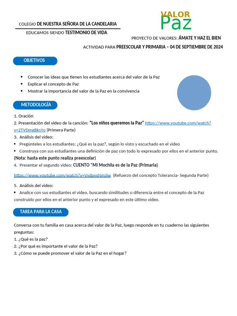 Proyecto de Valores: La Paz en Educación | PDF