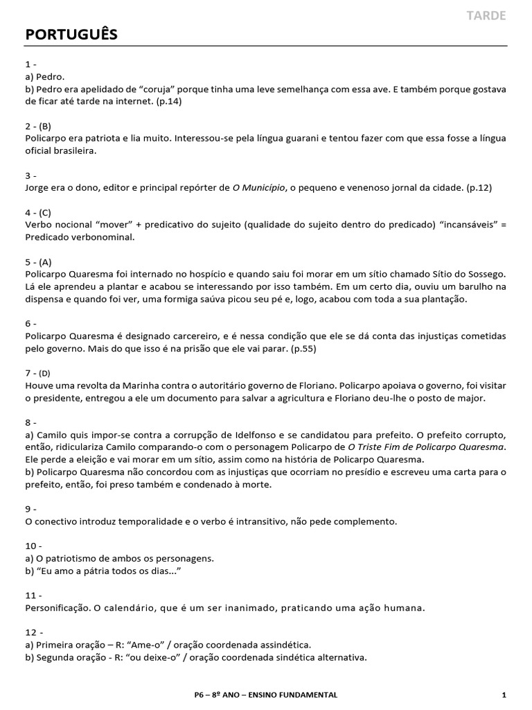 Prova 6 - Português - 8º Ano Tarde Gabarito | PDF