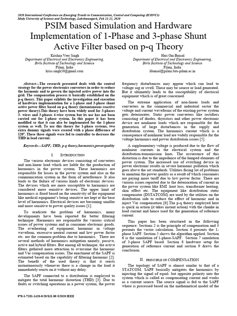 PSIM Based Simulation and Hardware Implementation of 1-Phase and 3-Phase Shunt Active Filter ...