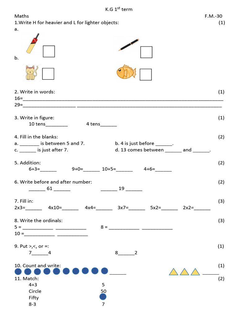 KG Maths Worksheet for First Term | PDF