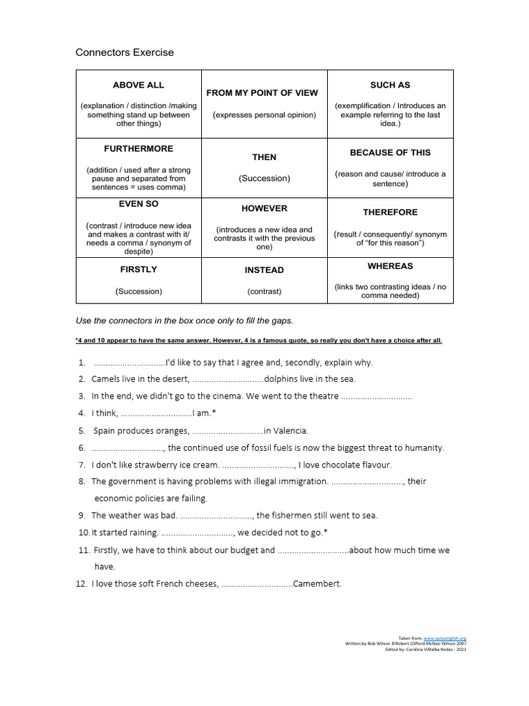 Connectors Exercise With Chart Teacher Version 2 2 | PDF