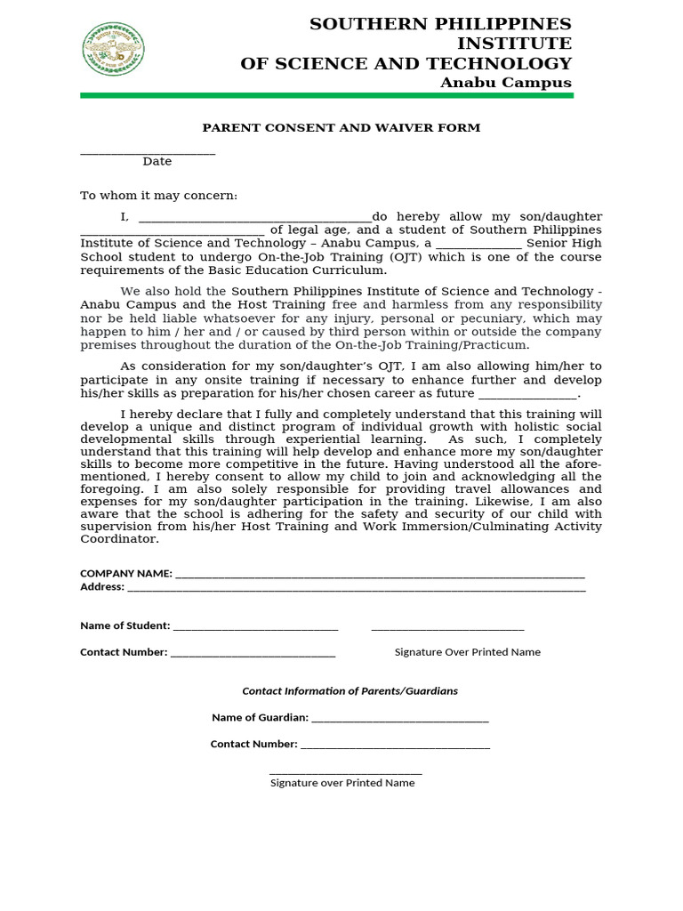 Parent Consent for On-the-Job Training | PDF