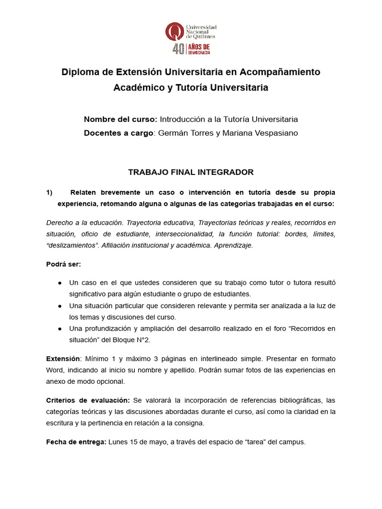 Consigna TP Integrador - Curso Introducción A La Tutoria Universitaria | PDF | Aprendizaje