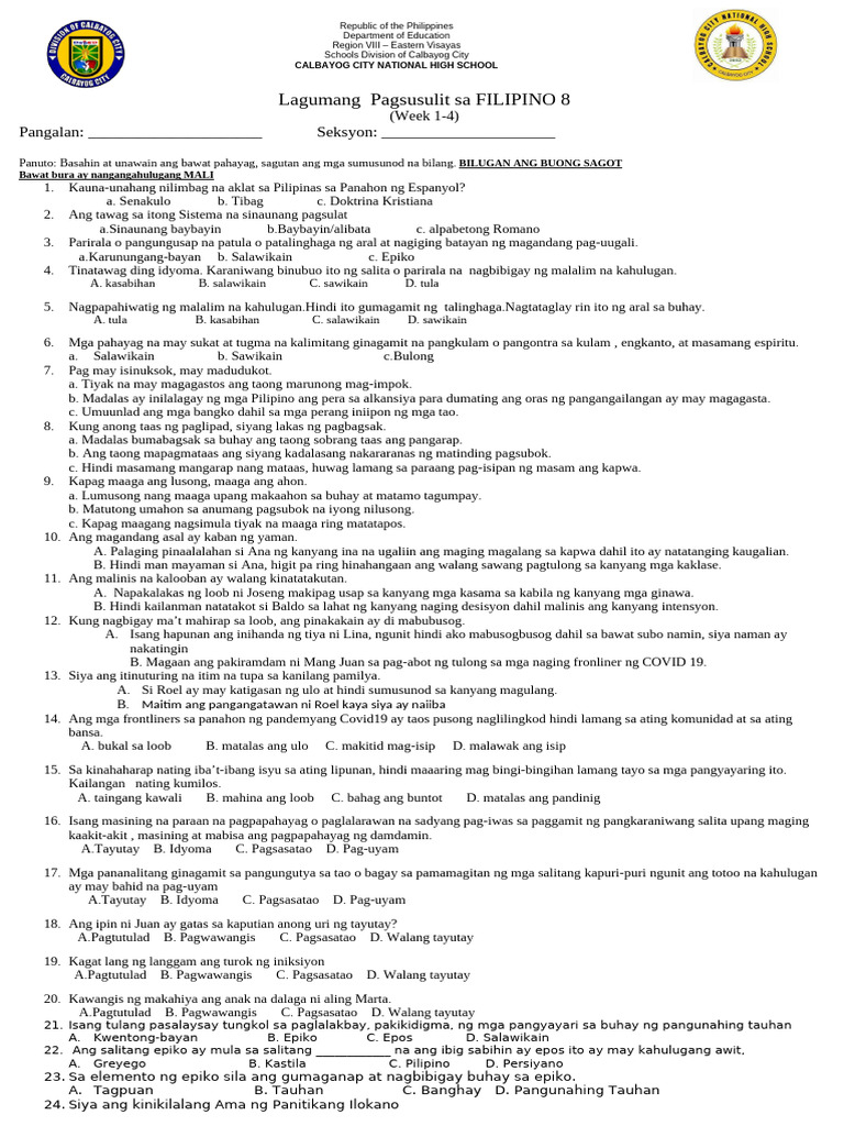 Lagumang Pagsusulit Q1 WEEK 1-3 WITH TOS, ANS KEY | PDF