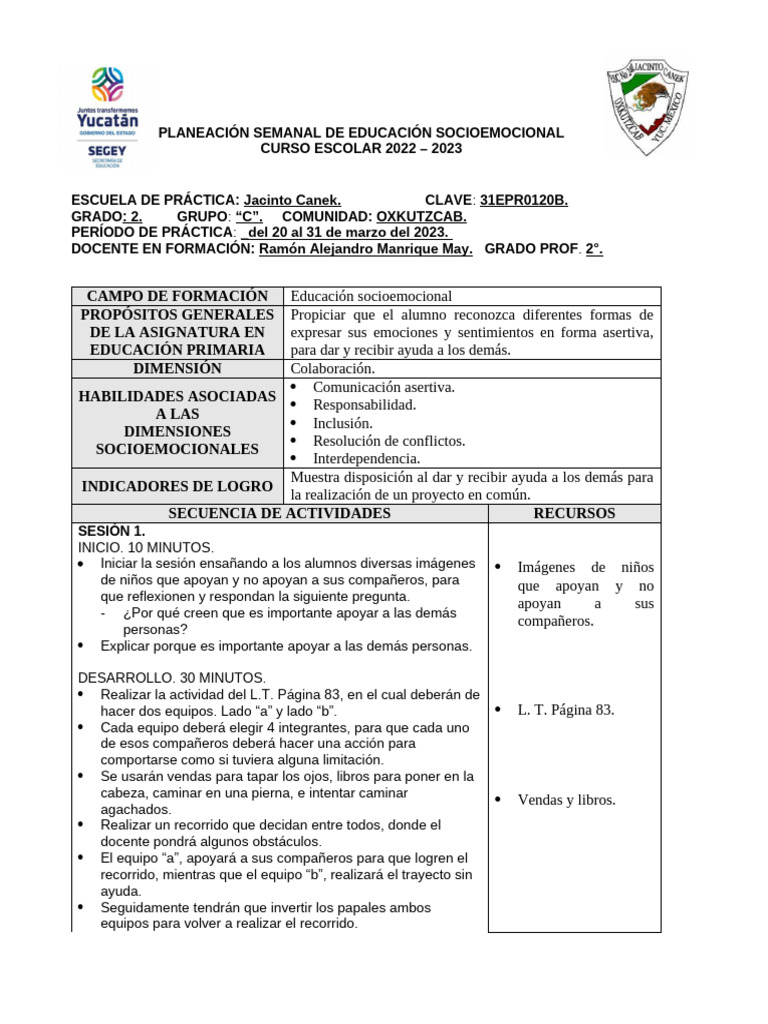 6 PLANEACIÓN SEMANAL DE EDUCACIÓN SOCIOEMOCIONAL. RAMÓN MANRIQUE | PDF ...