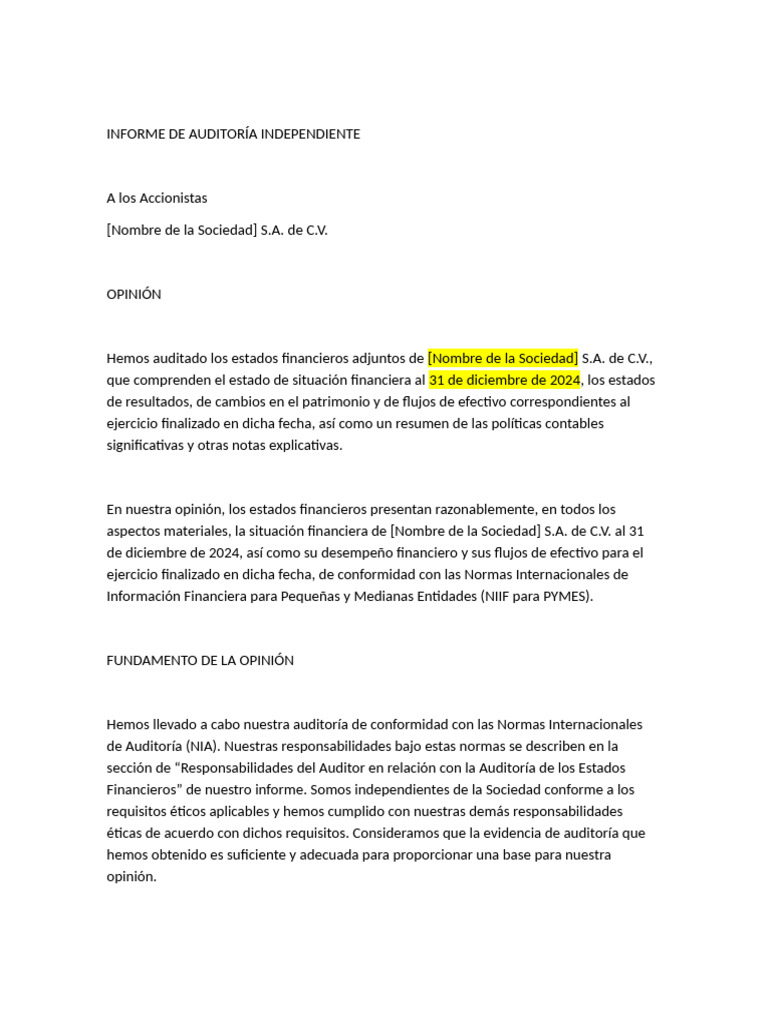INFORME DE AUDITORÍA INDEPENDIENTE Caso Notas de Enfasis | PDF | Auditoría | Estado financiero