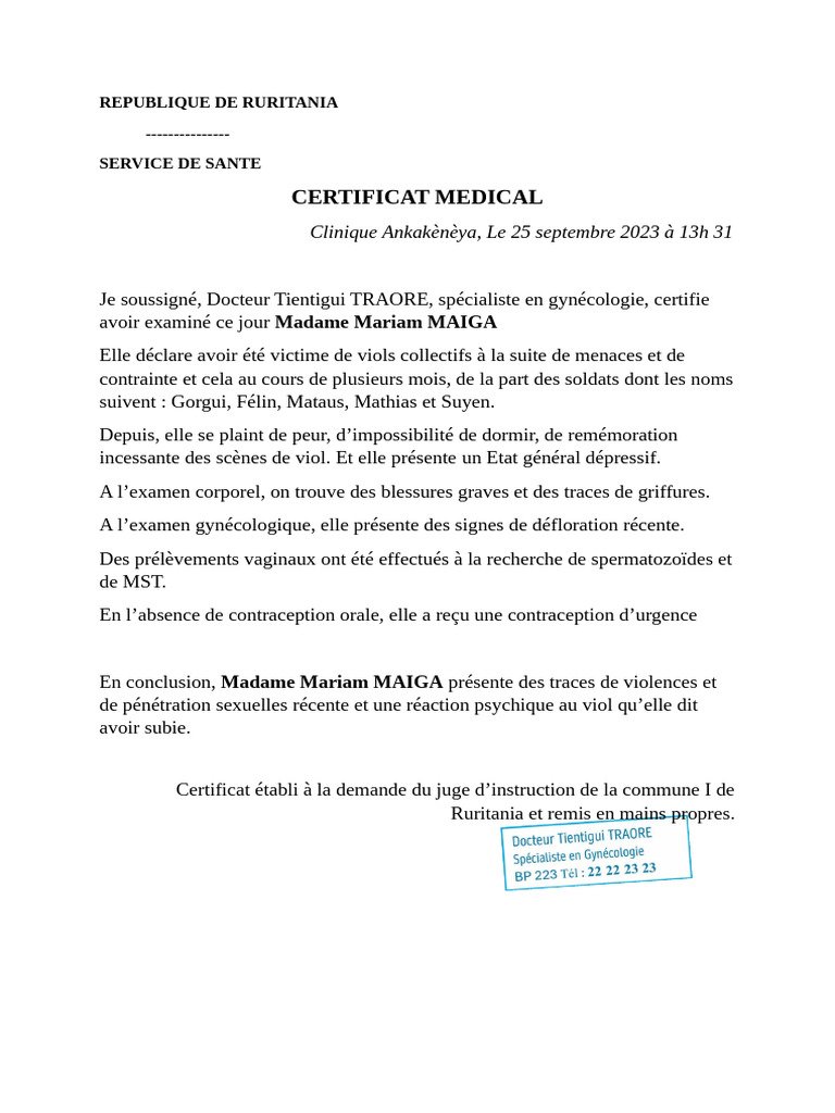 Certificat médical de viol à Ruritania | PDF