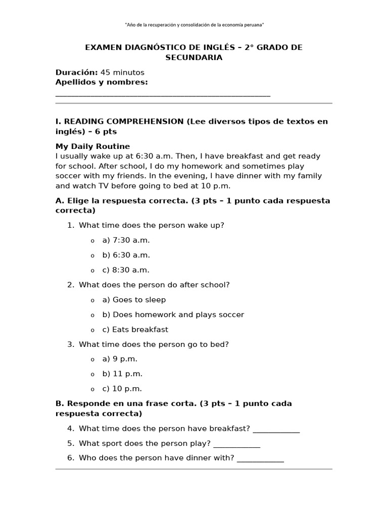 Examen Diagnóstico de Inglés - 2° Grado de Secundaria | PDF | Lingüística
