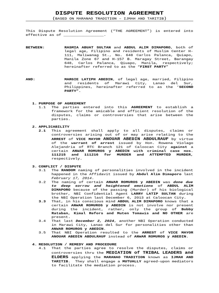 Dispute Resolution Agreement - Maranao Customary or Traditional ...