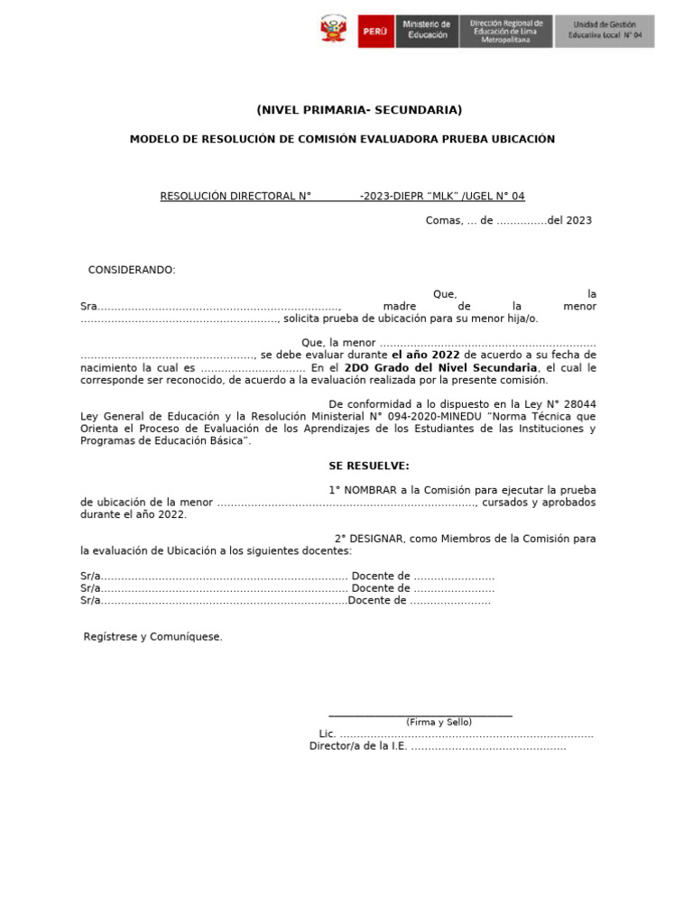 Modelo RD Informe de Prueba de Ubicacion y Convalidacion | PDF | Educación Secundaria | Aprendizaje
