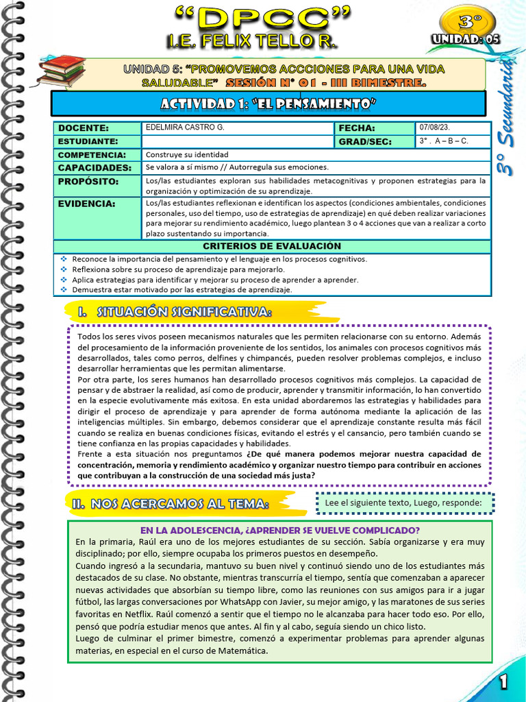 3° DPCC - Actv.01-Unid.5 2023 | PDF | Pensamiento | Aprendizaje