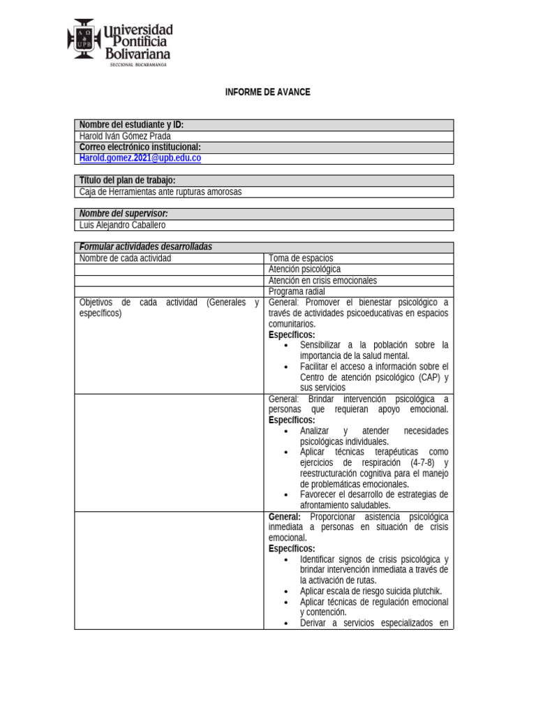 INFORME DE AVANCE | PDF | Sicología | Trastorno mental